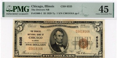 1929 Chicago, IL - $5, Ty. 1, The Drovers National Bank, Ch.#6535 - PMG ...