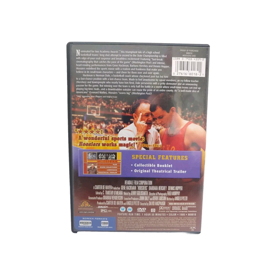 Hoosiers DVD 1986 PG WS/FS 1hr 55 Min Gene Hackman Barbara Hershey ...
