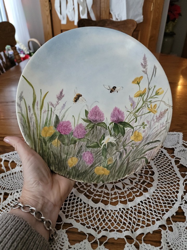 Antique Vintage Pottery Wall Plate Bees Meadow Clover Buttercups Hand ...