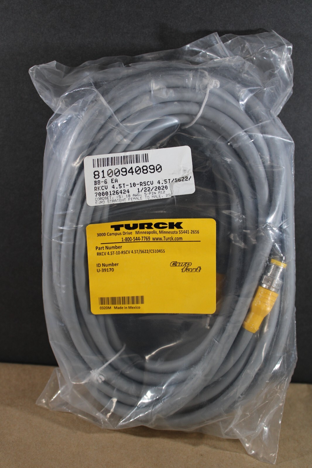 TURCK Cable RKCV 4.5T-10-RSCV EURO STRAIGHT Female to Male Eurofast 18 ...