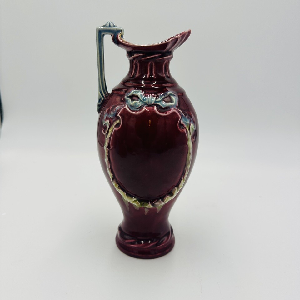 Majolica Red Pitcher Blue Ribbon Fairy Portrait Numbered 9in Porcelain ...