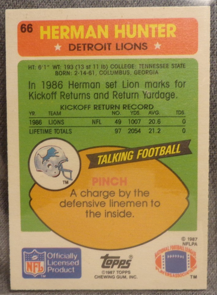 1987 Topps UK Football Card Herman Hunter - Lions - Tennessee State ...