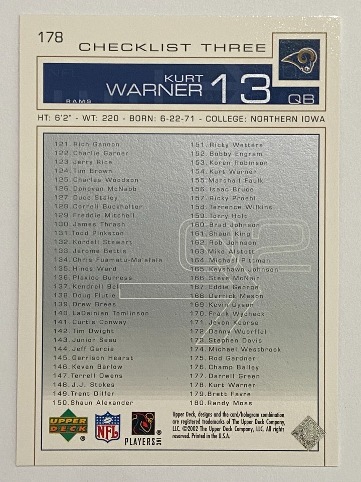 2002 Upper Deck #178 Kurt Warner St Louis Rams Checklist | eBay