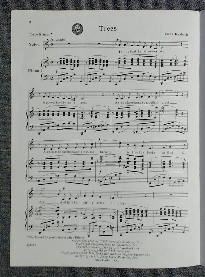 Trees Song by Joyce Kilmer Low C Voice 1949 opera sheet music | eBay