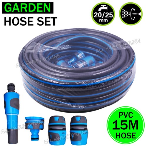 15M 12mm PVC Garden Water Hose + Connector Adjustable Spray Nozzle ...