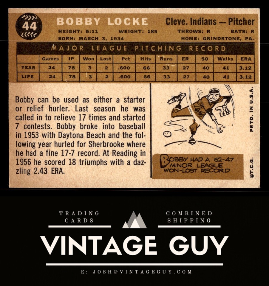 1960 Topps #44 Bobby Locke RC Vintage Cleveland Indians Baseball Card ...