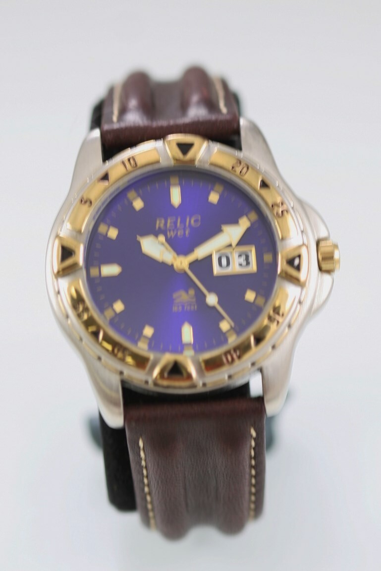 Relic Men Watch Silver Gold Stainless Steel Brown Leather Date 50m Blue ...