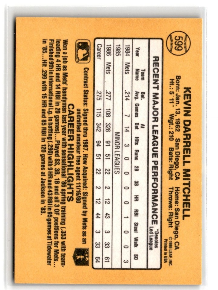 1987 Donruss Kevin Mitchell #599 New York Mets Baseball Card | eBay
