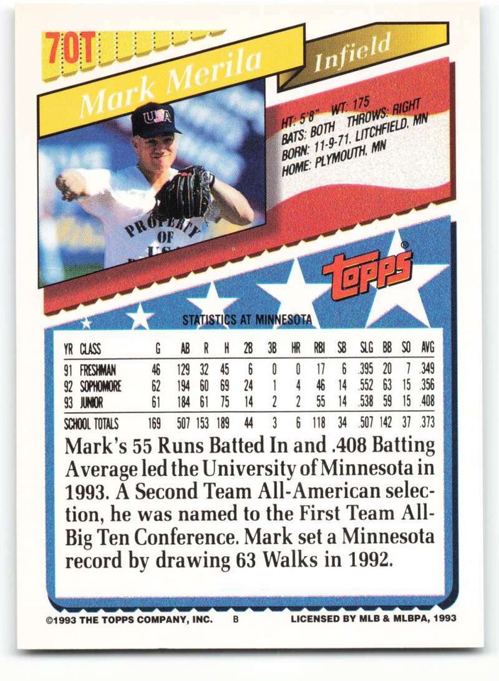 1993 Topps Traded #70T Mark Merila NM-MT RC Rookie ID:272471 | eBay