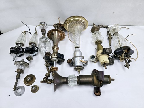 Lot 9 Hanging Ceiling Light Fixture Lamp Column Glass Brass Frame Parts ...