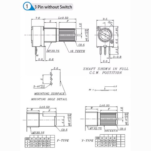 RK/RV097 Potentiometer Controller Volume 3/5/6/8 Pin B5K/10K/20K/50K ...