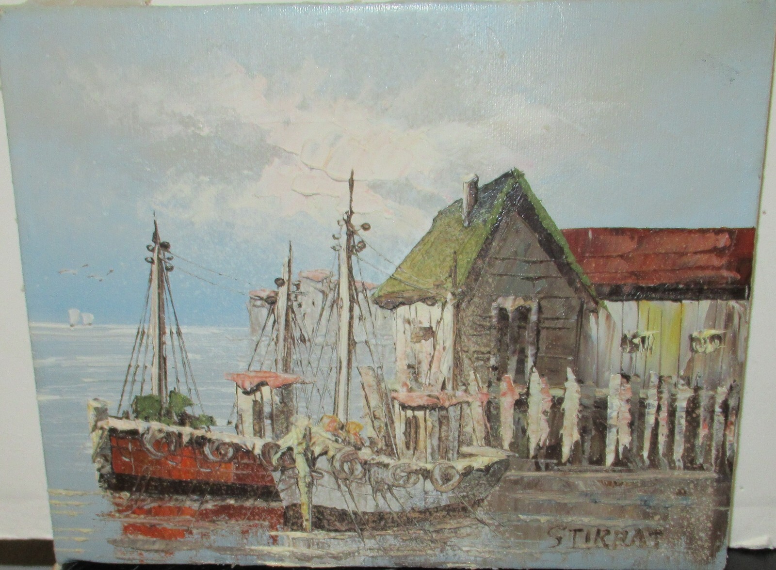 P.STIRRAT SMALL SEASCAPE BOATS AT DOCK OIL ON CANVAS PAINTING | eBay