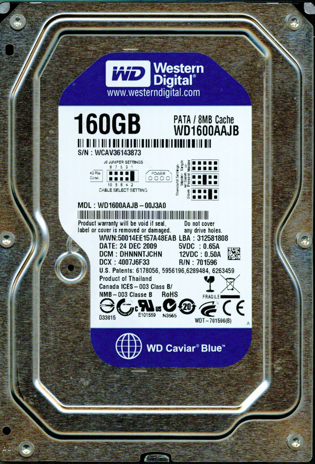 WD1600AAJB-00J3A0 DHNNNTJCHN, WESTERN DIGITAL IDE 160GB DEC 2009 WCAV ...