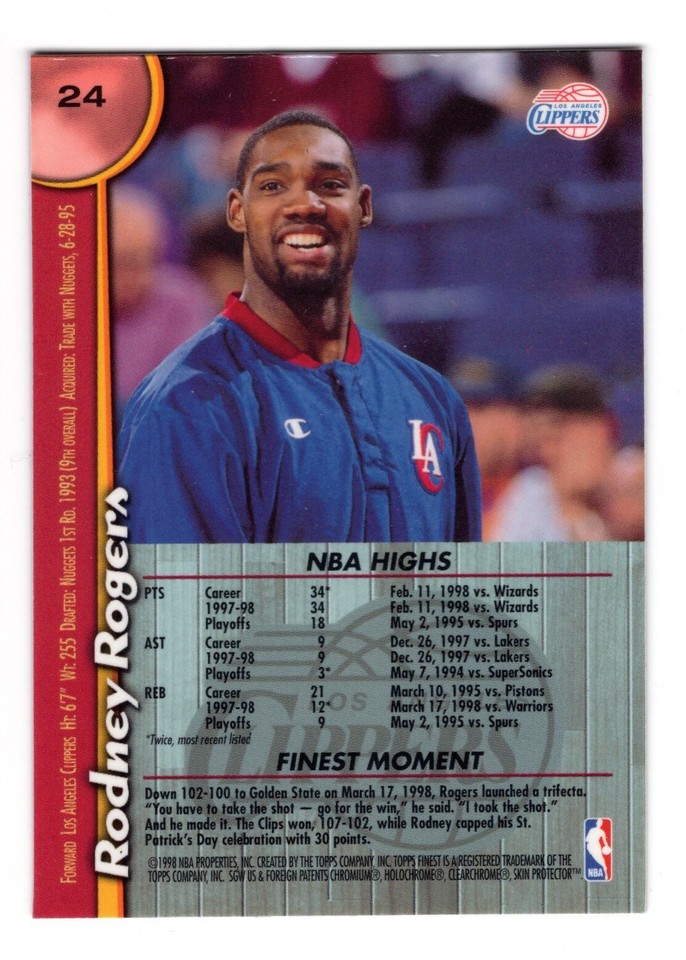 1998-99 TOPPS FINEST RODNEY ROGERS CARD #24 **NM-MT** LOS ANGELES ...