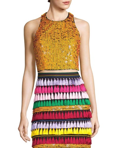 Alice + Olivia Tru Angular Racerback Crop Top Sequined Yellow Poppy ...