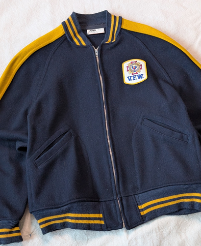 Vintage 70s VFW Jacket Large Blue Crop Full Zip Wool Varsity Bomber ...