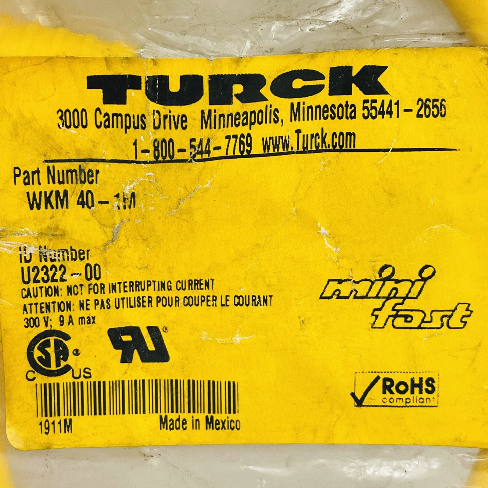 Turck WKM 40-1M 7/8” Female MiniFast Right-Angle 4-Pin Cordset ~New ...