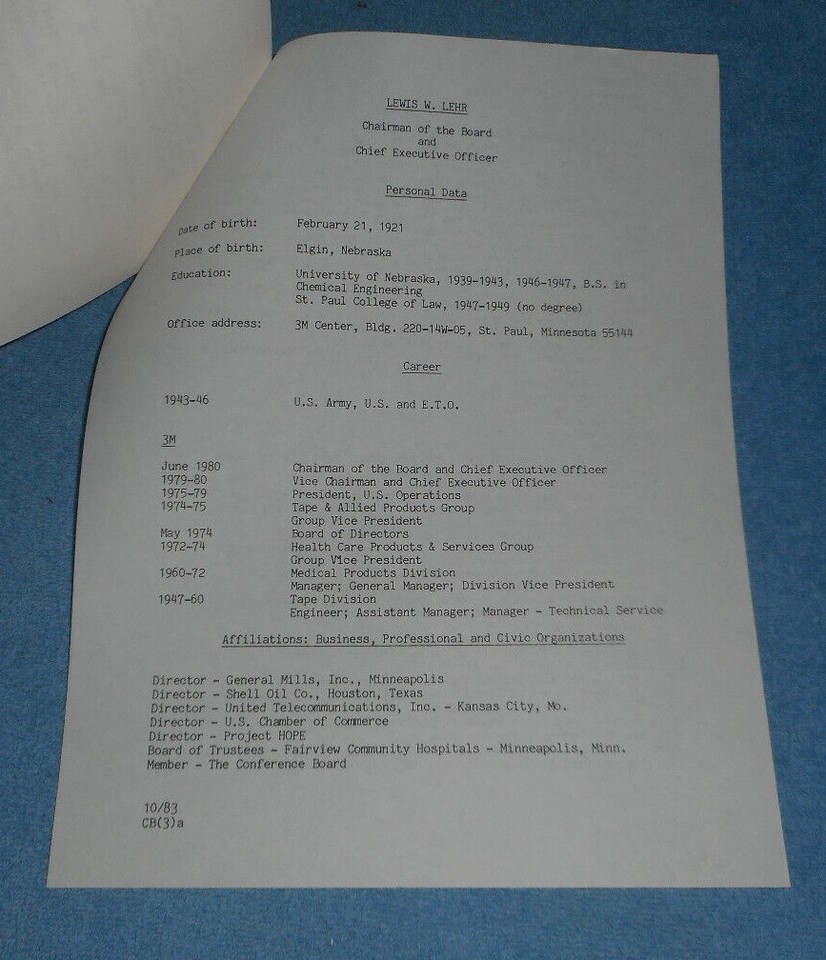 1984 3M Chairman CEO Lewis Lehr Press Conference Transcript Photo ...