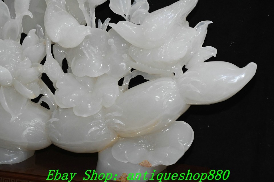 36.2''Chinese Natural White Jade Carving Fengshui Lotus Flower Birds ...
