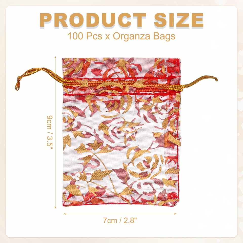 Organza Bags, 100 Pcs 2.8 x 3.5 Inch Gold Rose Flower Mesh Candy Pouch ...