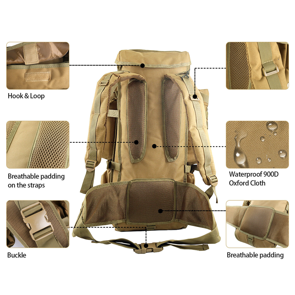 72L Large Military Tactical Backpack Rifle Bag Expandable Hiking Molle ...