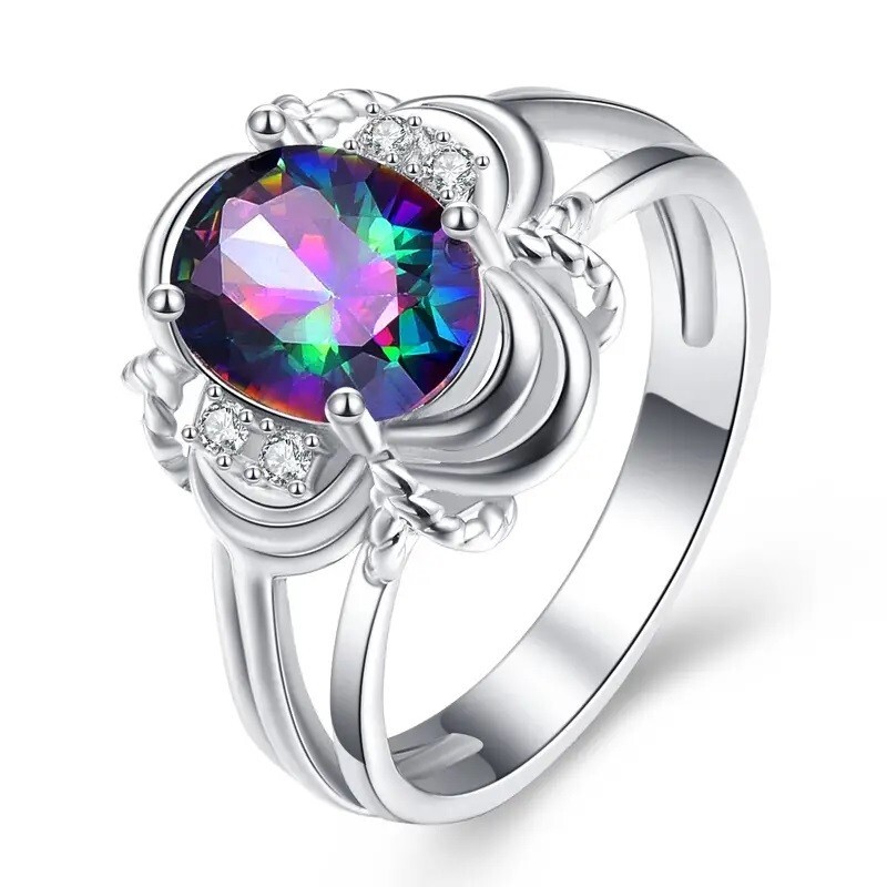 925 Sterling Silver Rainbow Mystical Fire Topaz Wedding Engagement Ring