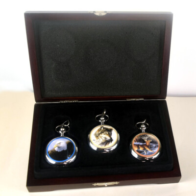 3 Flip Open Pocket Watches w/chain Wolf Eagle Deer Wood Box Gift Set ...
