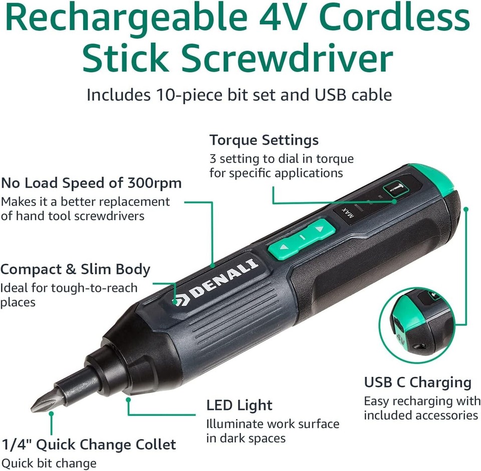 Denali by SKIL 4V Cordless Stick Screwdriver with 10-Piece Bit Set and ...