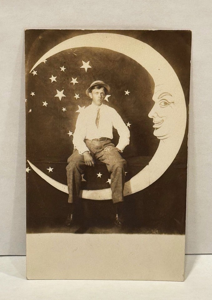 RPPC Real Photo Paper Moon Studio Postcard Man w Hat Sits on a Wise ...