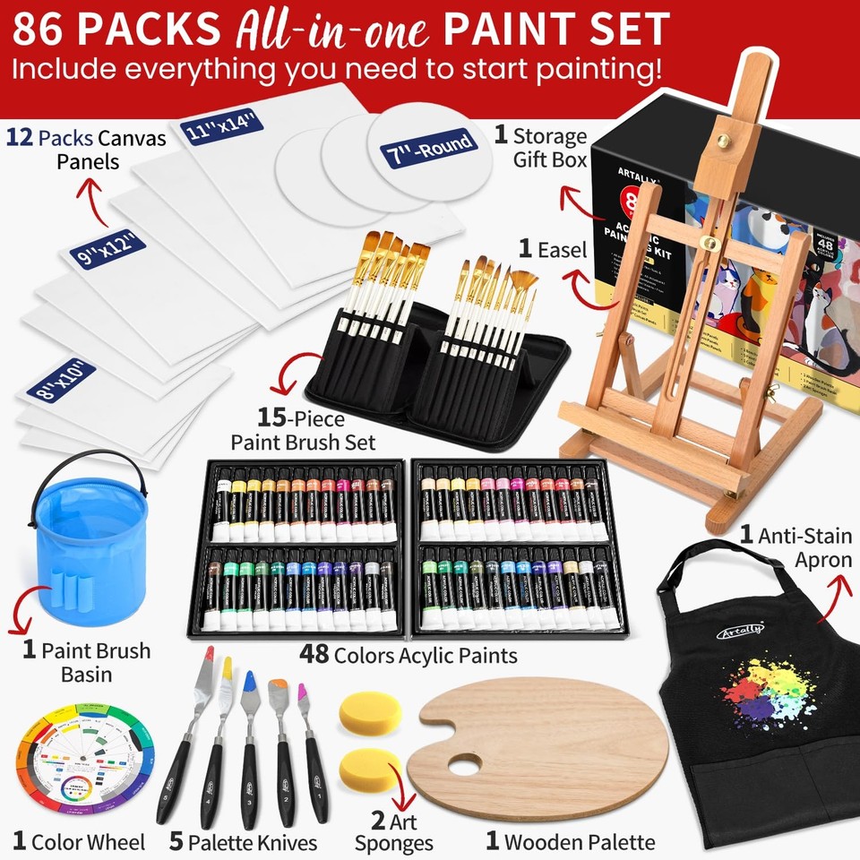 86-Piece Acrylic Painting Kit with Tabletop Easel, 48 Colors Acrylic ...