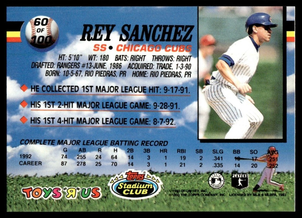 1993 Stadium Club Toys 'R' Us #60 Rey Sanchez Chicago Cubs | eBay