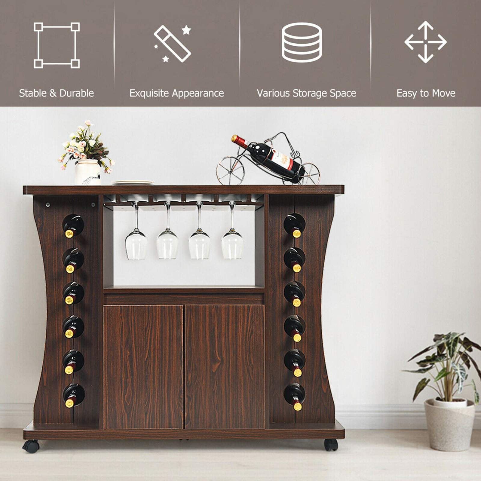 Rolling Buffet Sideboard Wooden Bar Storage Cabinet w/ Wine Rack ...