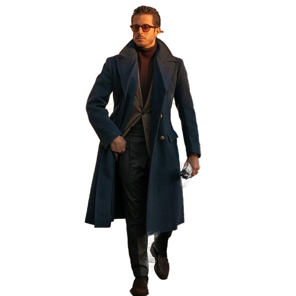 Men Long Overcoat Tweed Navy Blue Wool Blend Coat Winter Business ...