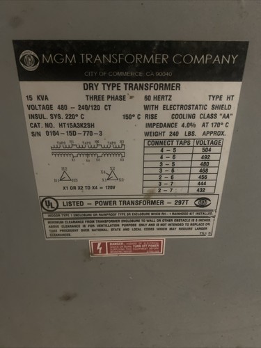 MGM 15 KVA 208V to 208Y/120V 3 PH Transformer | eBay