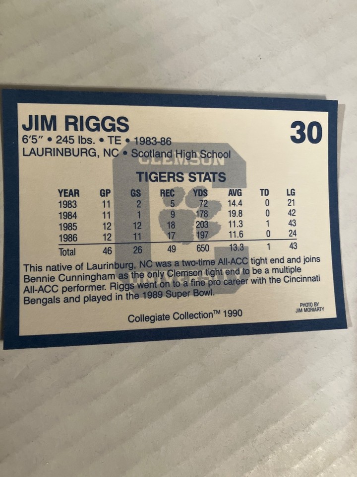 Clemson Tigers laurinburg NC Scotland HS Jim Riggs 1990 football card ...