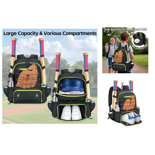 4 Bat Baseball Backpack with Ball Pocket & Adjustable Straps ...