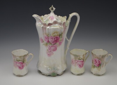 RS PRUSSIA CHOCOLATE SET ROSES CHOCOLATE POT AND 3 CUPS MARKED c.1900 ...