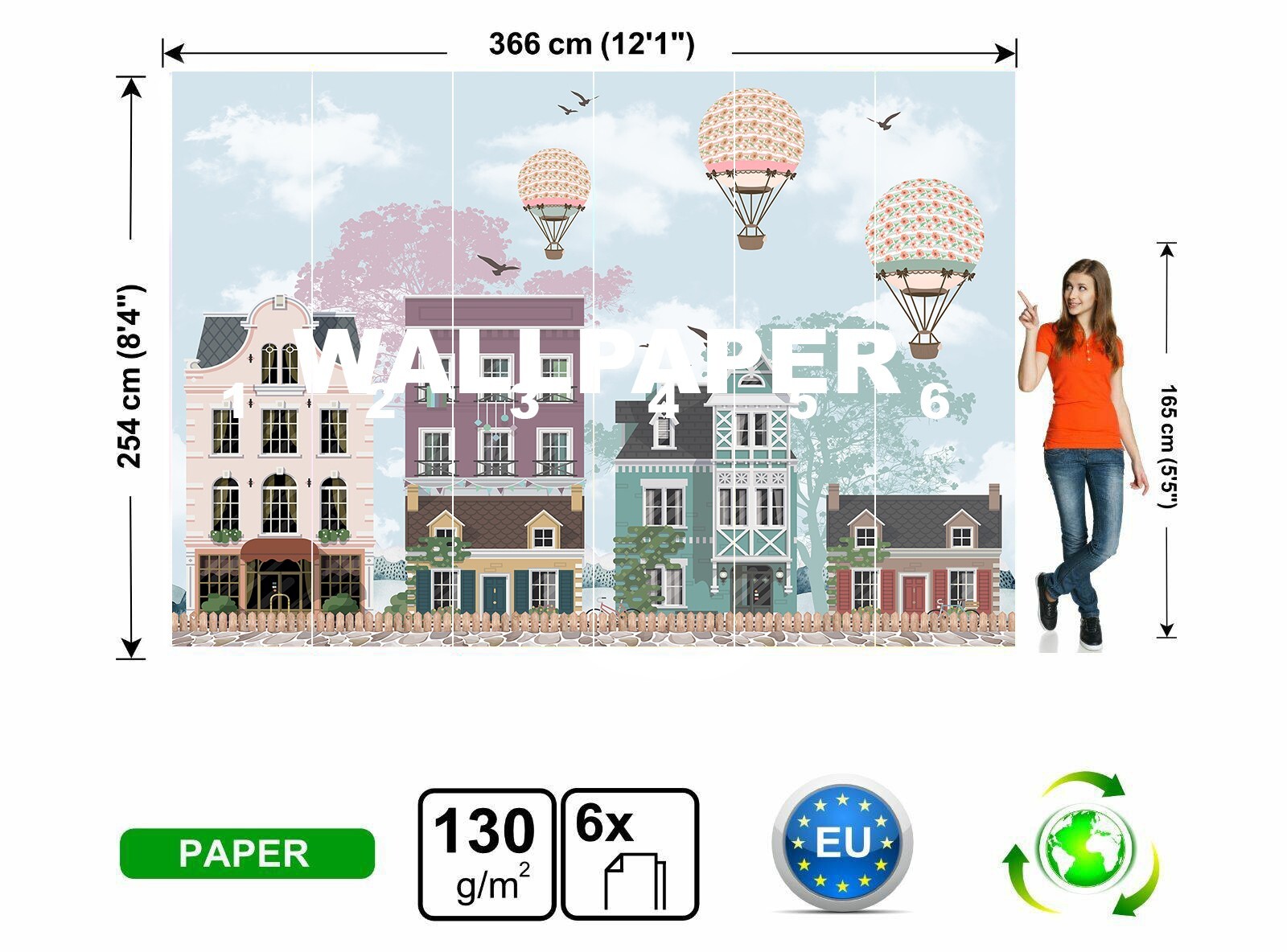 Kids Photo Wallpaper Wall Mural Plane Balloons Houses Girls Nursery ...
