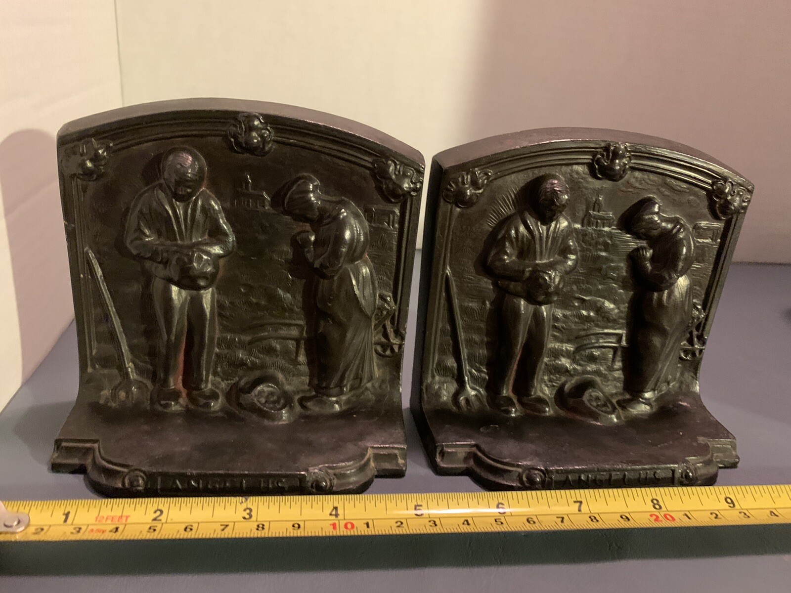 Set Of 2 Antique Bronze Bookends “The Angelus” Farmer & Wife Praying At ...