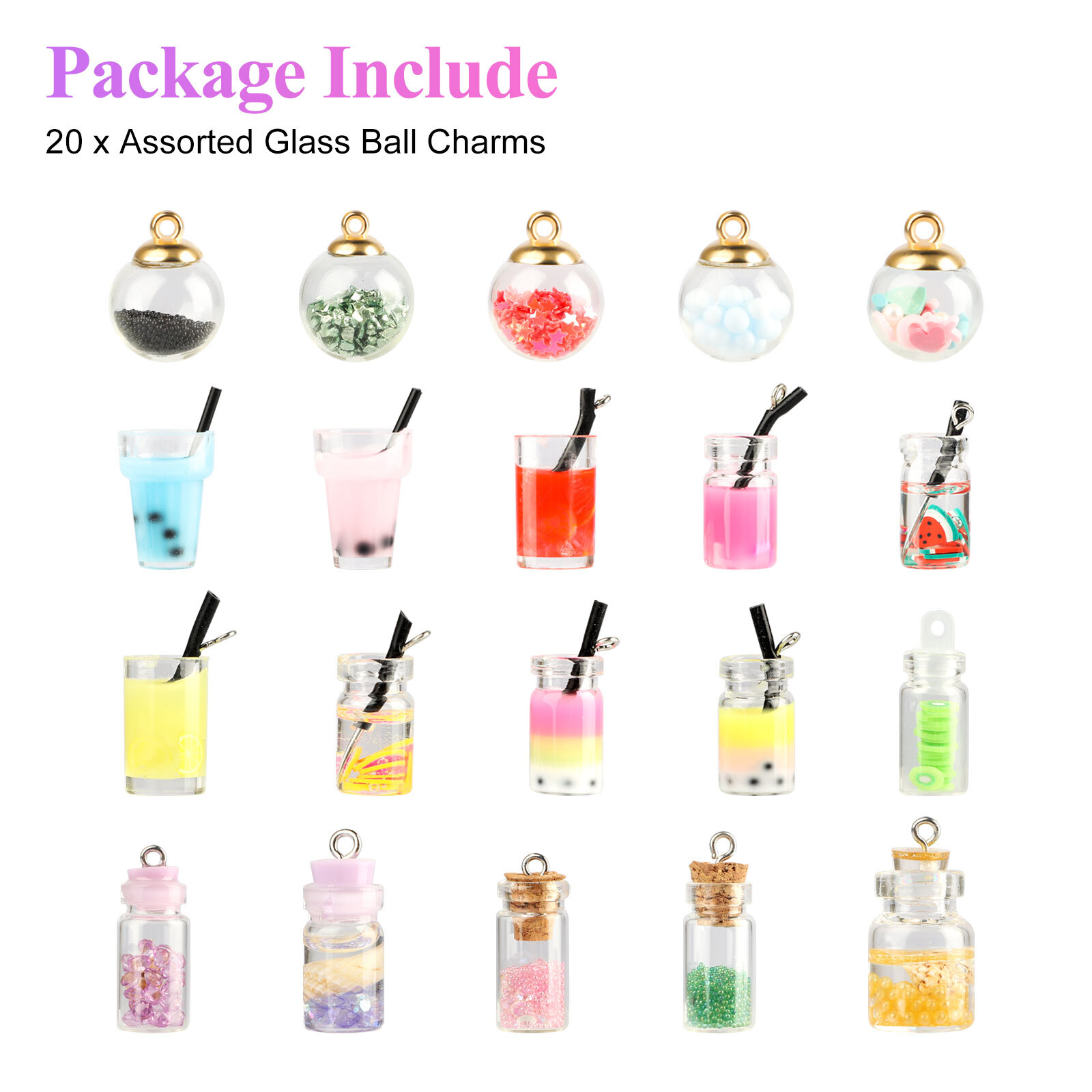 20 Pcs Assorted Mini Glass Bottle Vials Charm Pendants DIY Necklace ...