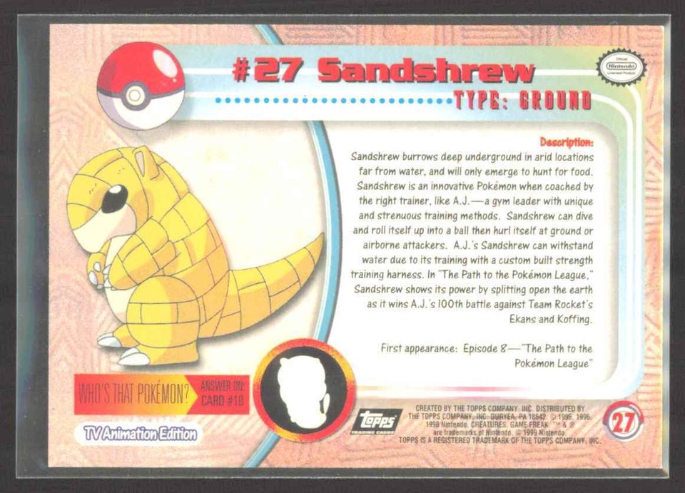 1999 Topps Pokemon TV Animation Edition Foil Sandshrew Black Logo #27 ...
