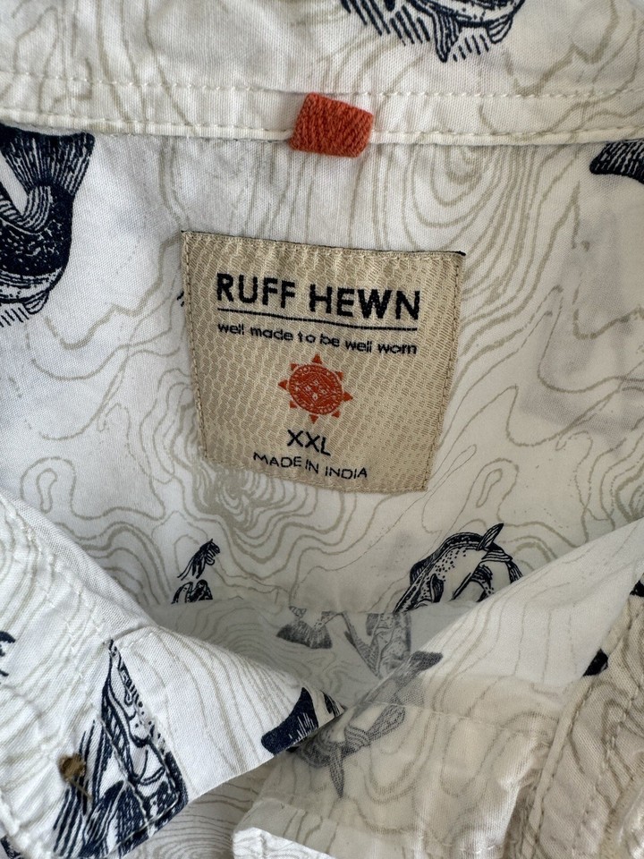 Ruff Hewn Men’s White Blue Short Sleeve Fish Print Button Up Shirt 2XL ...