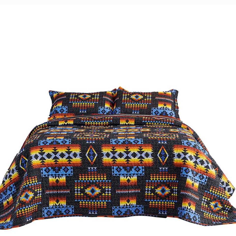 3 Pcs Boho Colorful Polyester Quilt Set, Geometry Printed Bedspread ...
