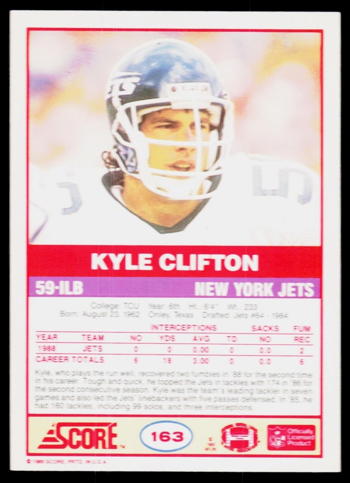 Kyle Clifton, 1989 Score, #163, RC New York Jets | eBay
