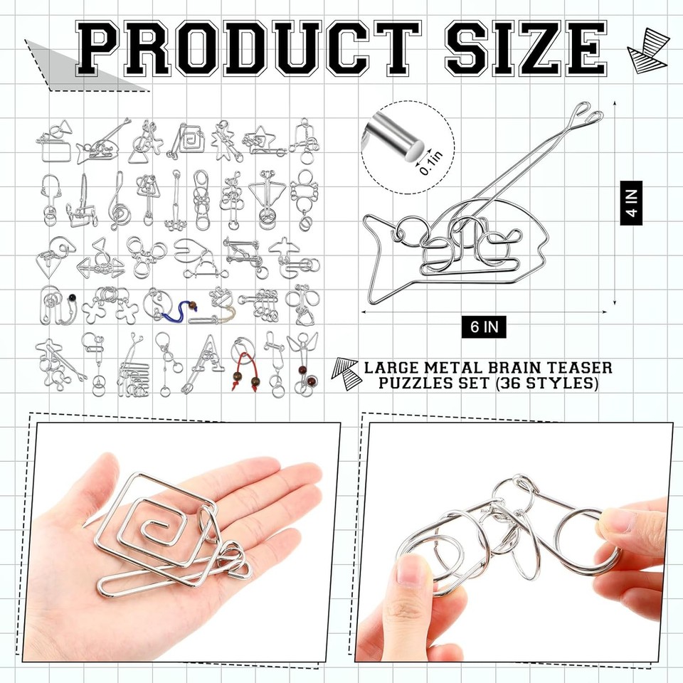 Yilloog Metal Brain Teaser Puzzles Set of 36 with Pouch, Steel IQ Games ...