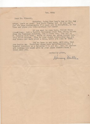 Henry Miller autographed letter to Sterling Kincaid 1950s Big Sur ...