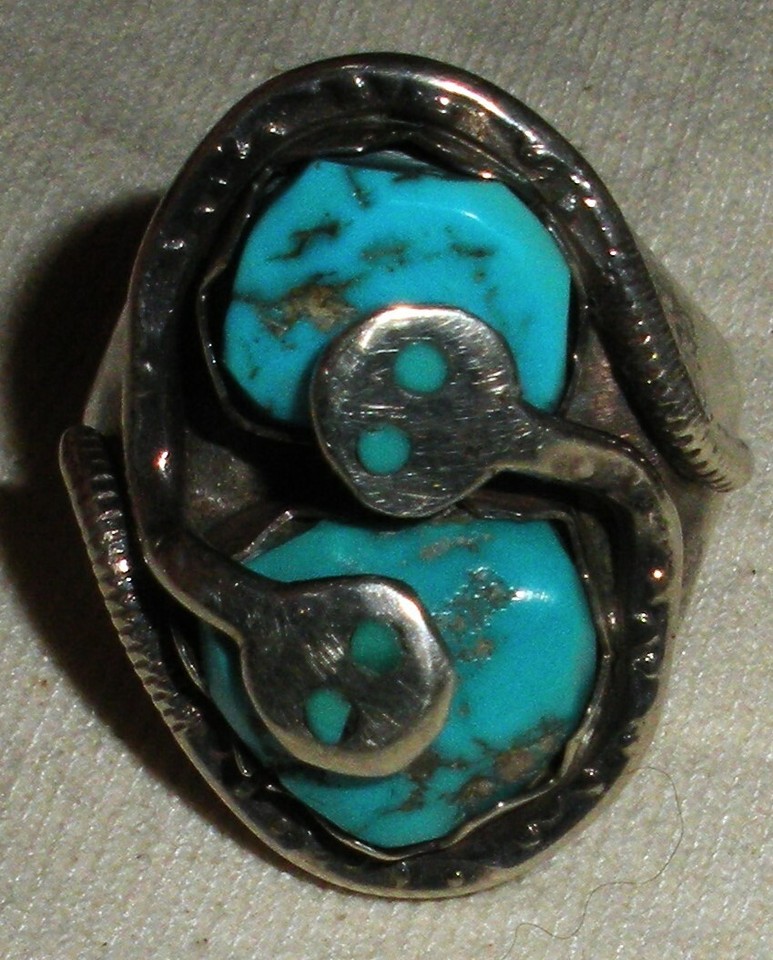VINTAGE ZUNI SIGND EFFIE CALAVAZA SNAKE TURQUOISE STERLING SILVER RING ...