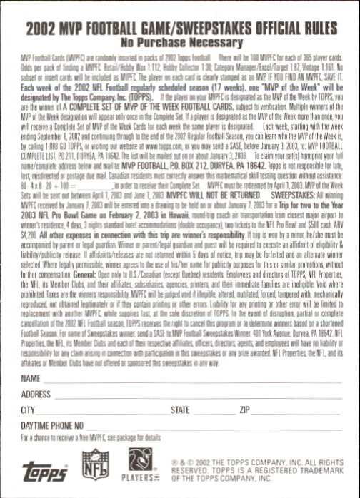 2002 Topps MVP Promotion #192 Jay Fiedler | eBay