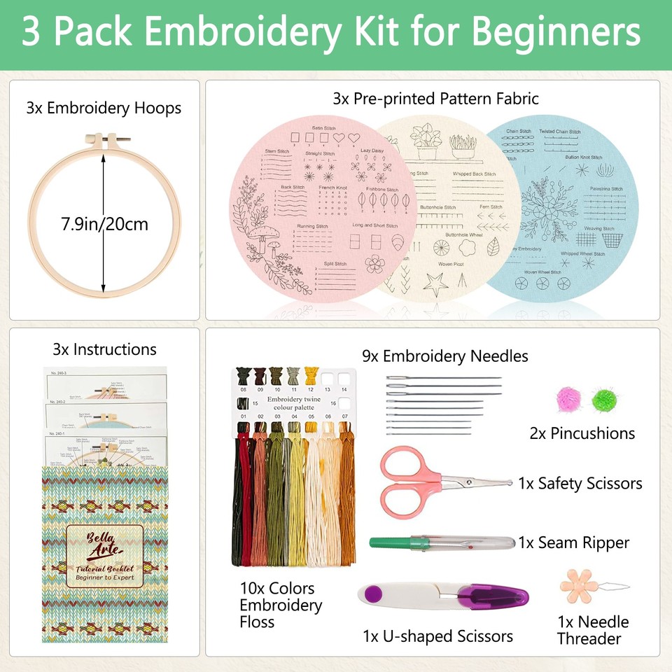 Bella Arte 3pcs Embroidery Set Beginner Stitch Pre-Stamped Patterns ...