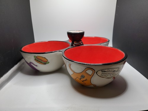Clay Art Grill Time 3 Bowl Section Condiment Server Chips & Dip Cook ...